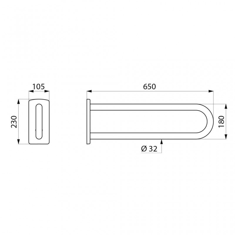 Barre d'appui fixe Ø 32, Inox poli, L.650, 2 finitions