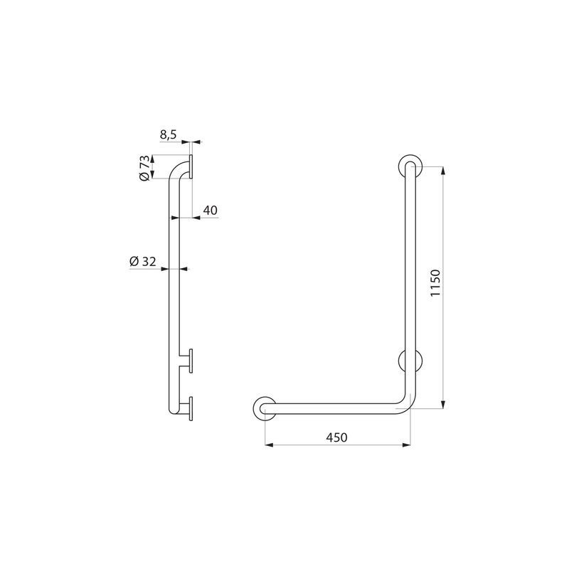 Barre de maintien en L Ø 32, ht 1150 mm, modèle à gauche, 2